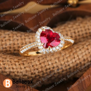 Unique Heart Shape Red Ruby Engagement Ring Solid Yellow Gold Bridal ...