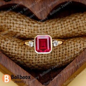 Emerald Cut Red Ruby Engagement Ring 14k Solid Yellow Gold Vintage Red Gemstone Anniversary ...
