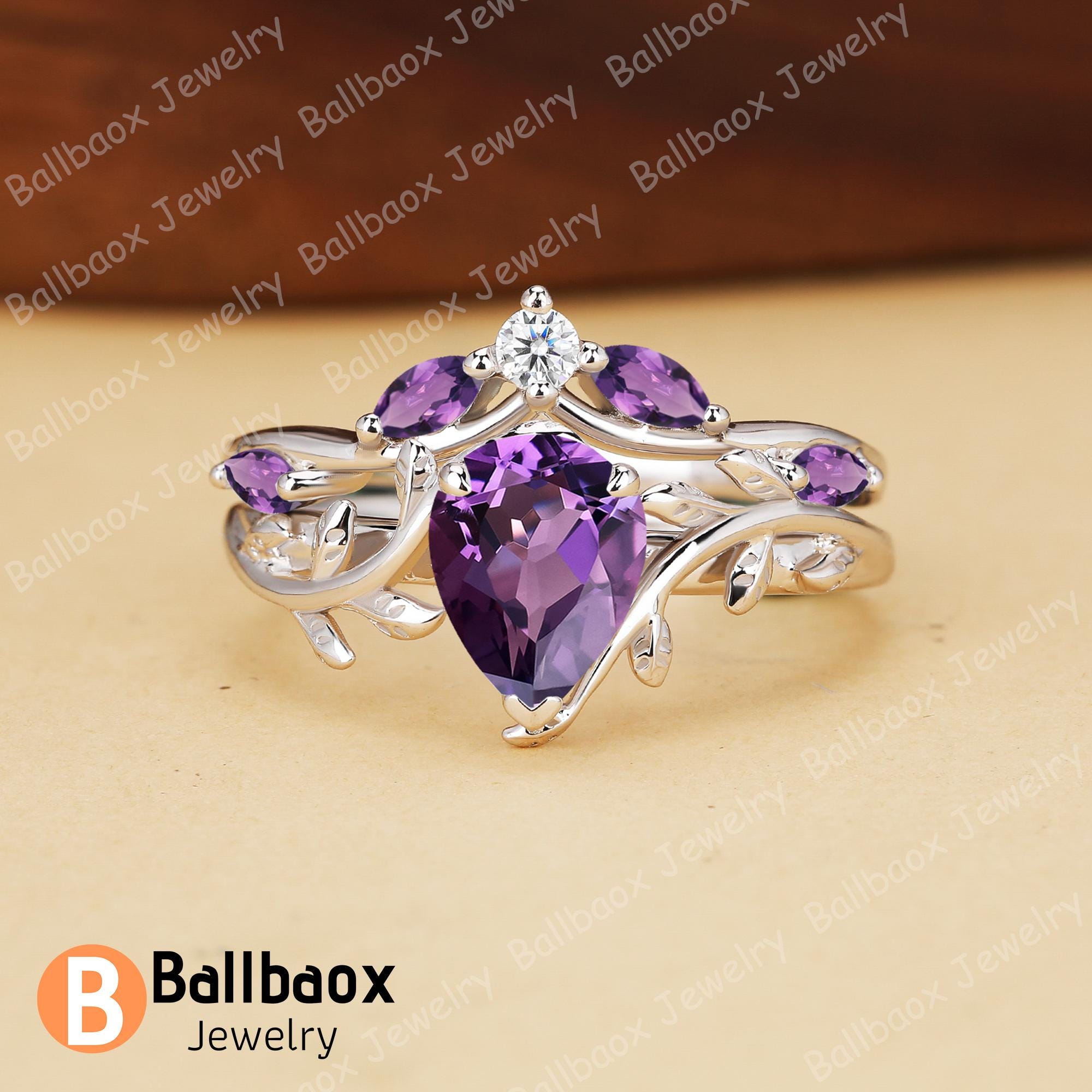 Natural Amethyst Engagement Ring Sets Vintage Solid White Gold Bridal ...