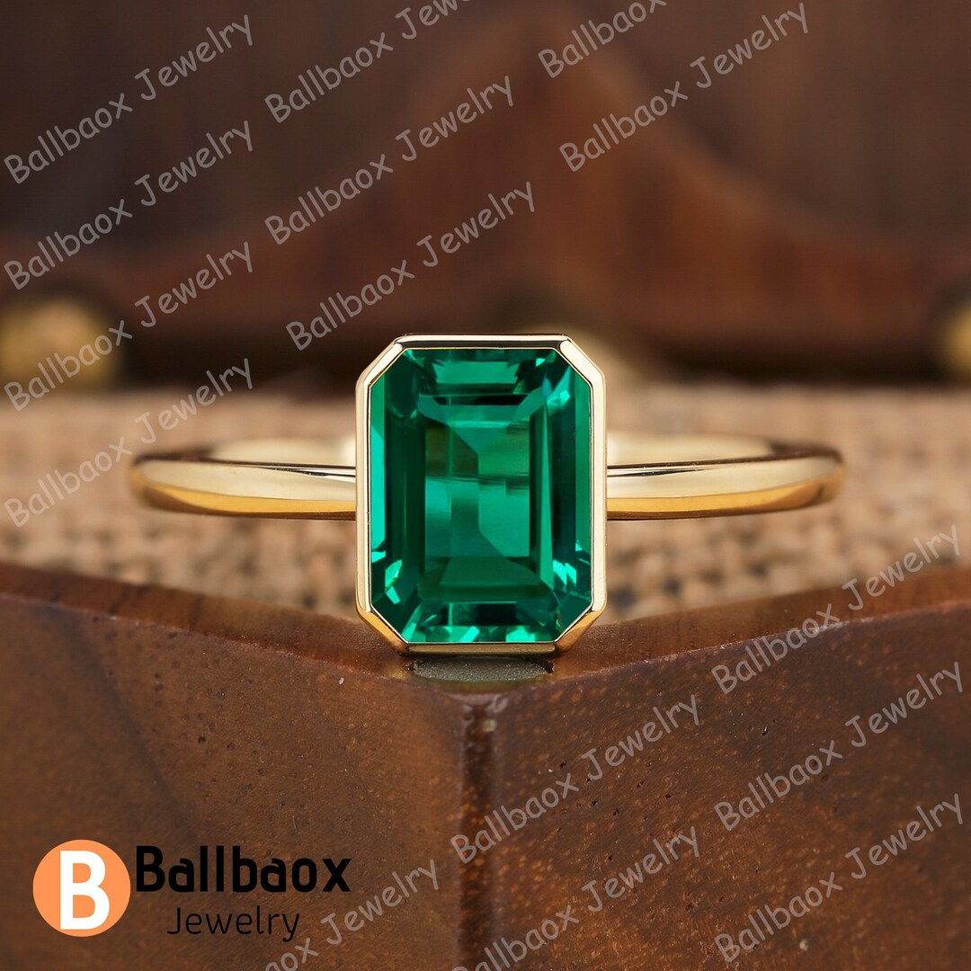 Emerald Cut Lab Green Emerald Engagement Ring Solid 14K Yellow Gold ...