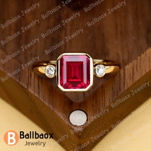 Emerald Cut Red Ruby Engagement Ring 14k Solid Yellow Gold Vintage Red Gemstone Anniversary ...