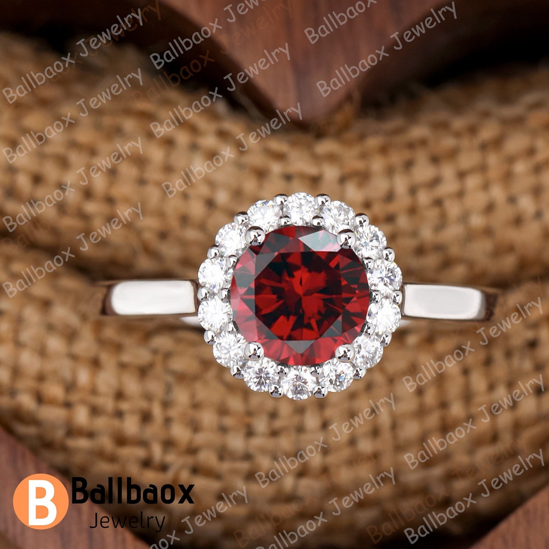 Round Shape Natural Red Garnet Engagement Ring Solid 14K White Gold ...