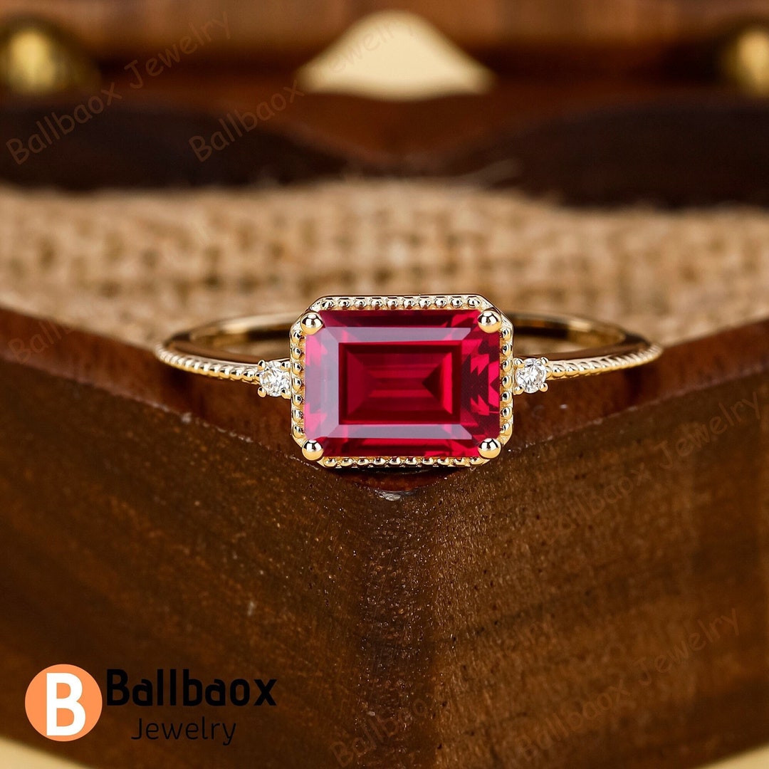 Lab Created Red Ruby Solid 14K Yellow Gold Engagement Rings for Women ...