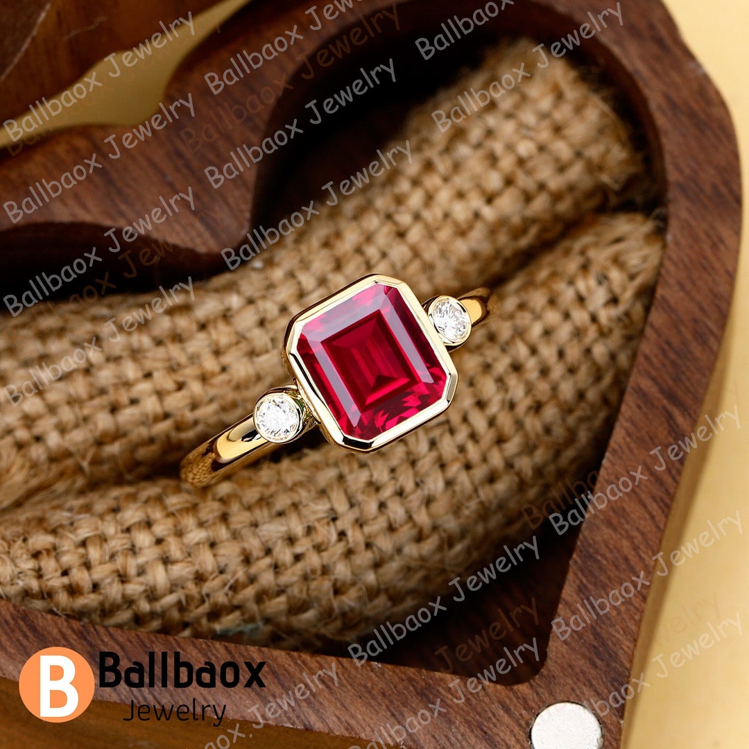 Emerald Cut Red Ruby Engagement Ring 14k Solid Yellow Gold Vintage Red ...