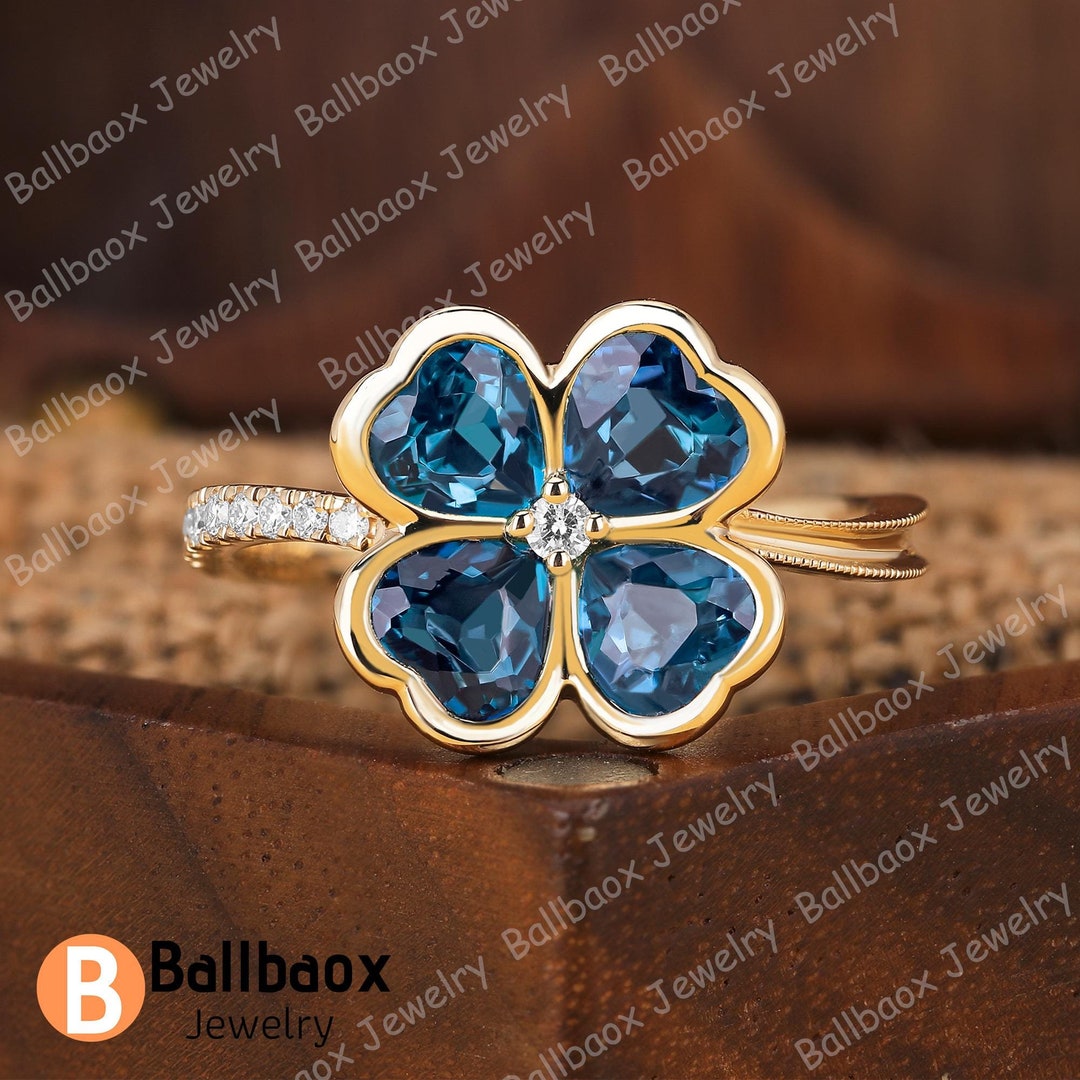 Unique Clover Design Engagement Ring Heart Cut Natural London Blue ...