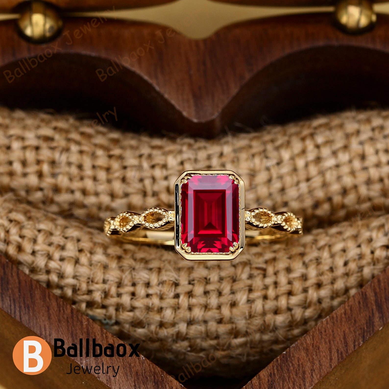Emerald Cut Lab Red Ruby Rings for Women Vintage Solid 14K Yellow Gold ...