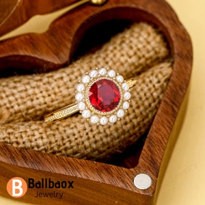 Round Cut Red Ruby Engagement Ring Pearl Ring Unique Solid White Gold ...