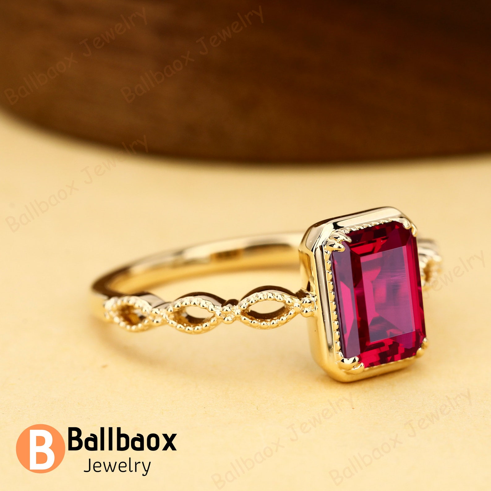 Emerald Cut Lab Red Ruby Rings for Women Vintage Solid 14K Yellow Gold ...