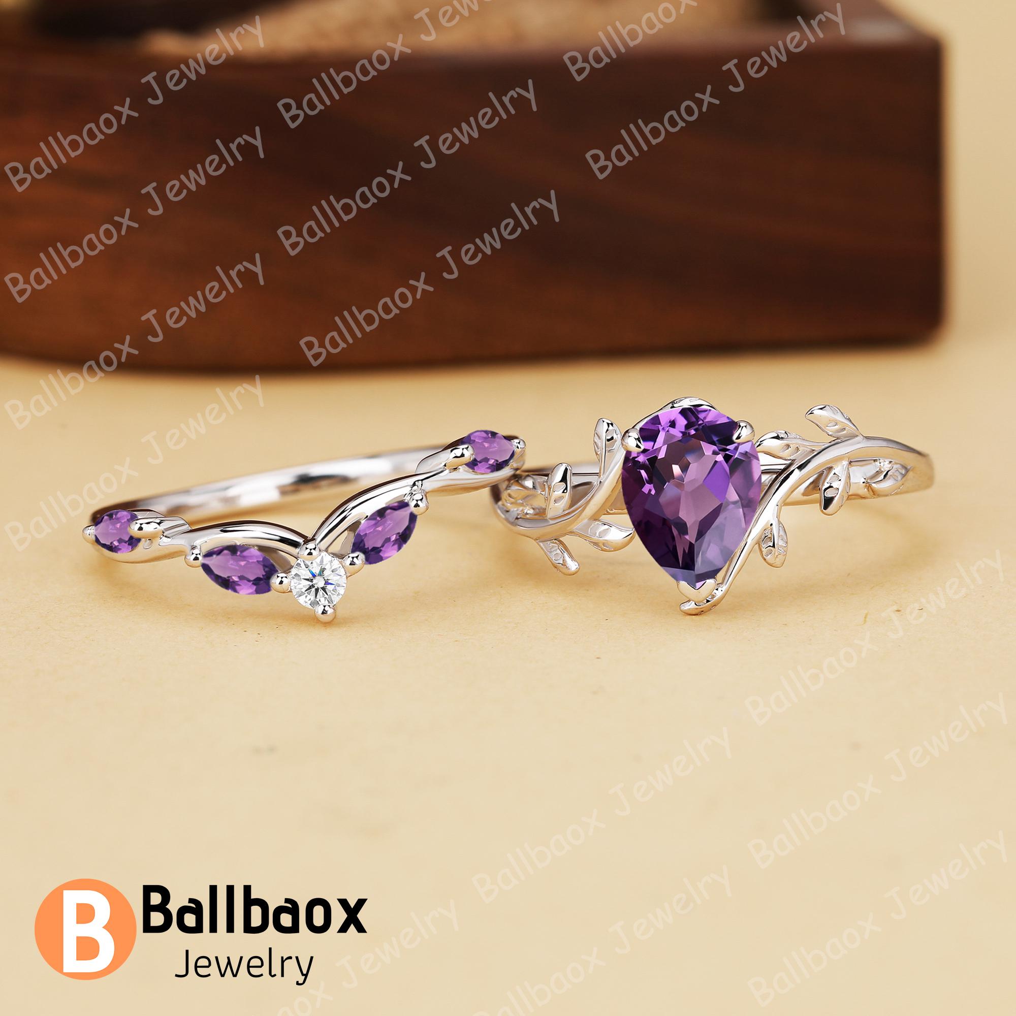 Natural Amethyst Engagement Ring Set, Vintage White Gold Bridal Set ...