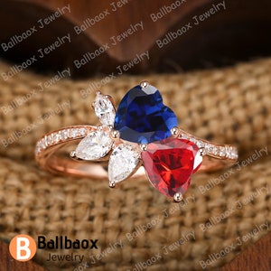 Heart Cut Red Ruby & Blue Sapphire Engagement Ring Unique Two Stones ...