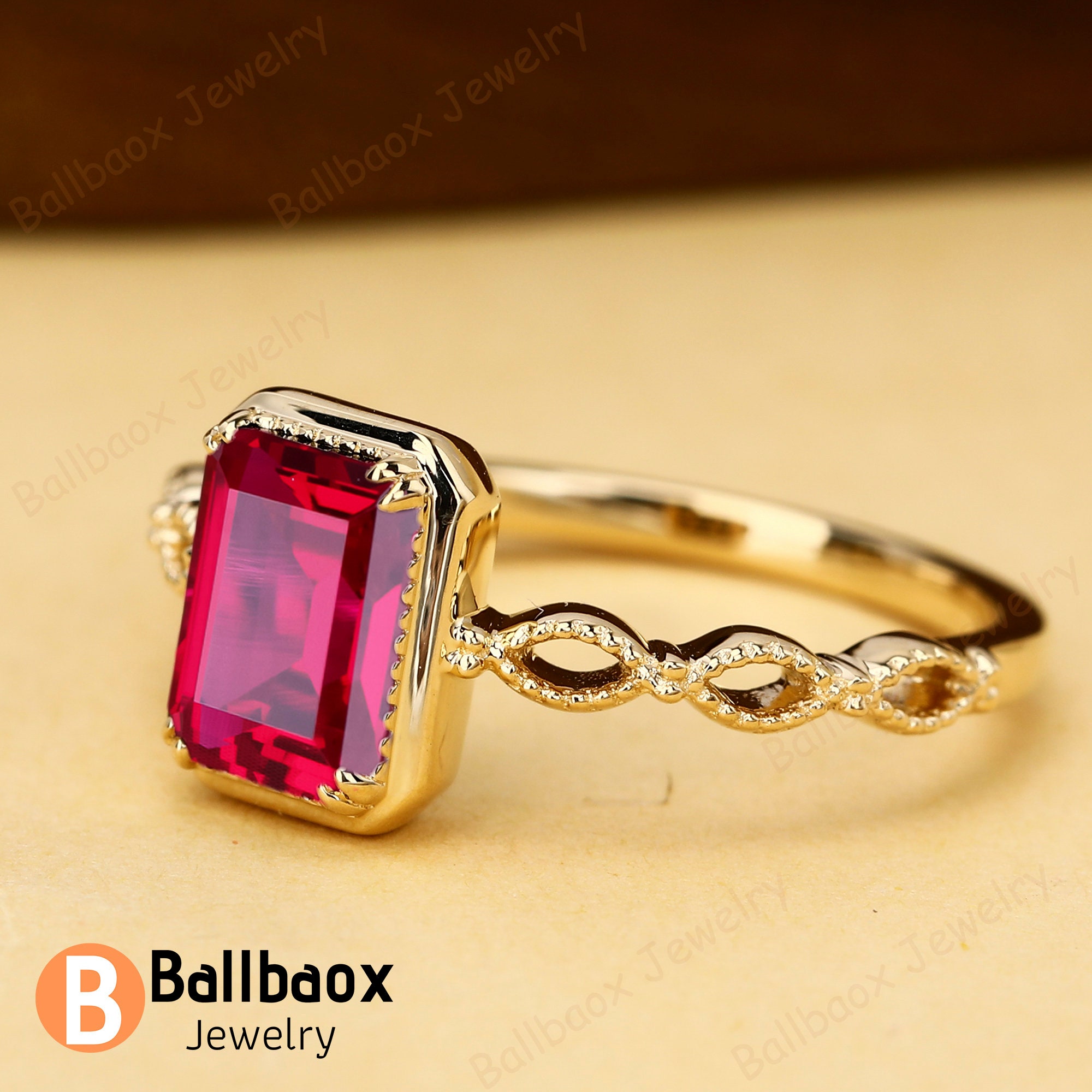 Emerald Cut Lab Red Ruby Rings for Women Vintage Solid 14K Yellow Gold ...