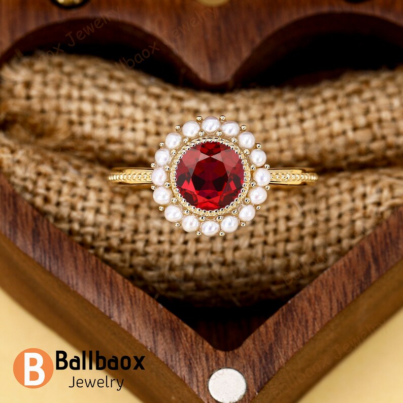 Round Cut Red Ruby Engagement Ring Pearl Ring Unique Solid White Gold ...