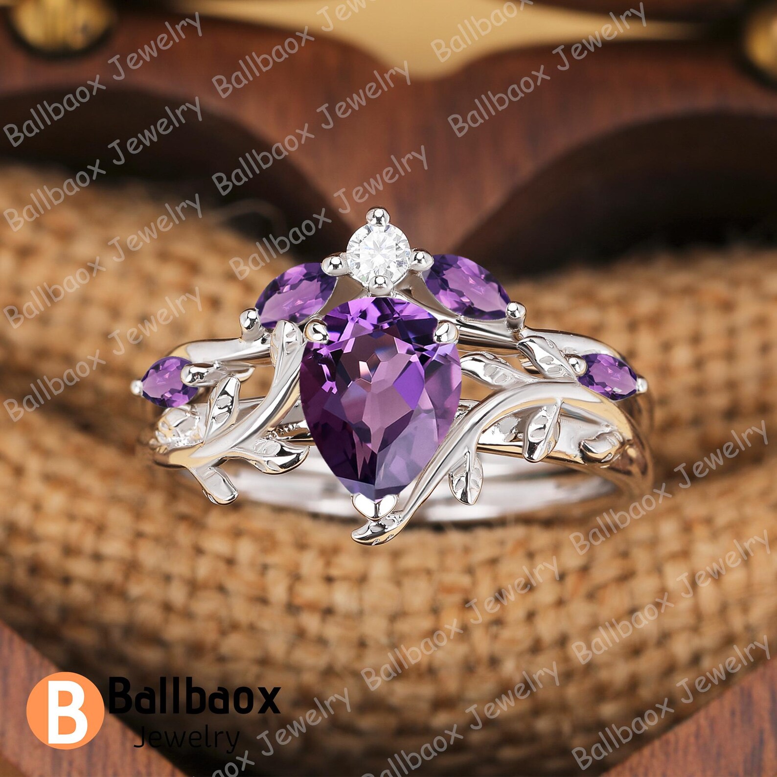 Natural Amethyst Engagement Ring Sets Vintage Solid White Gold Bridal ...
