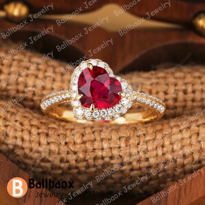 Unique Heart Shape Red Ruby Engagement Ring Solid Yellow Gold Bridal ...
