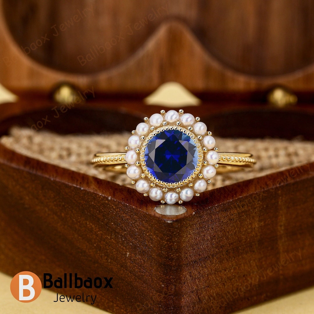 Round Cut Blue Sapphire Engagement Ring Pearl Ring Unique Solid White ...