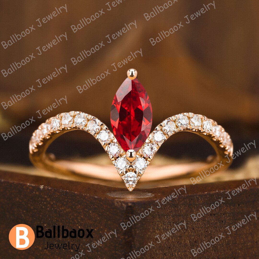 Marquise Cut Red Ruby 14k Solid Rose Gold Engagement Ring Moissanite Ring Anniversary Gifts ...