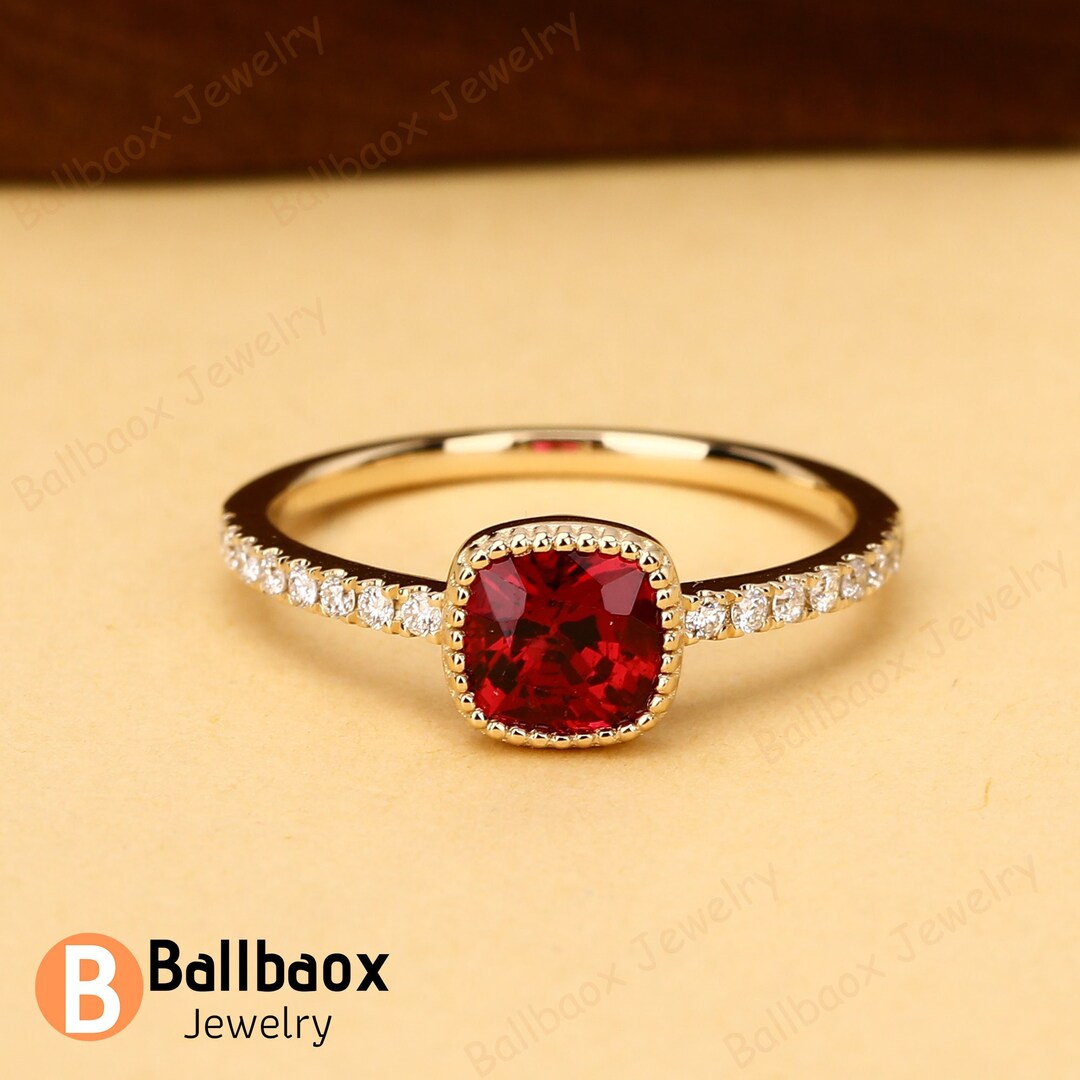 Cushion Cut Red Ruby Engagement Ring Solid Gold Art Deco Ring Nature ...