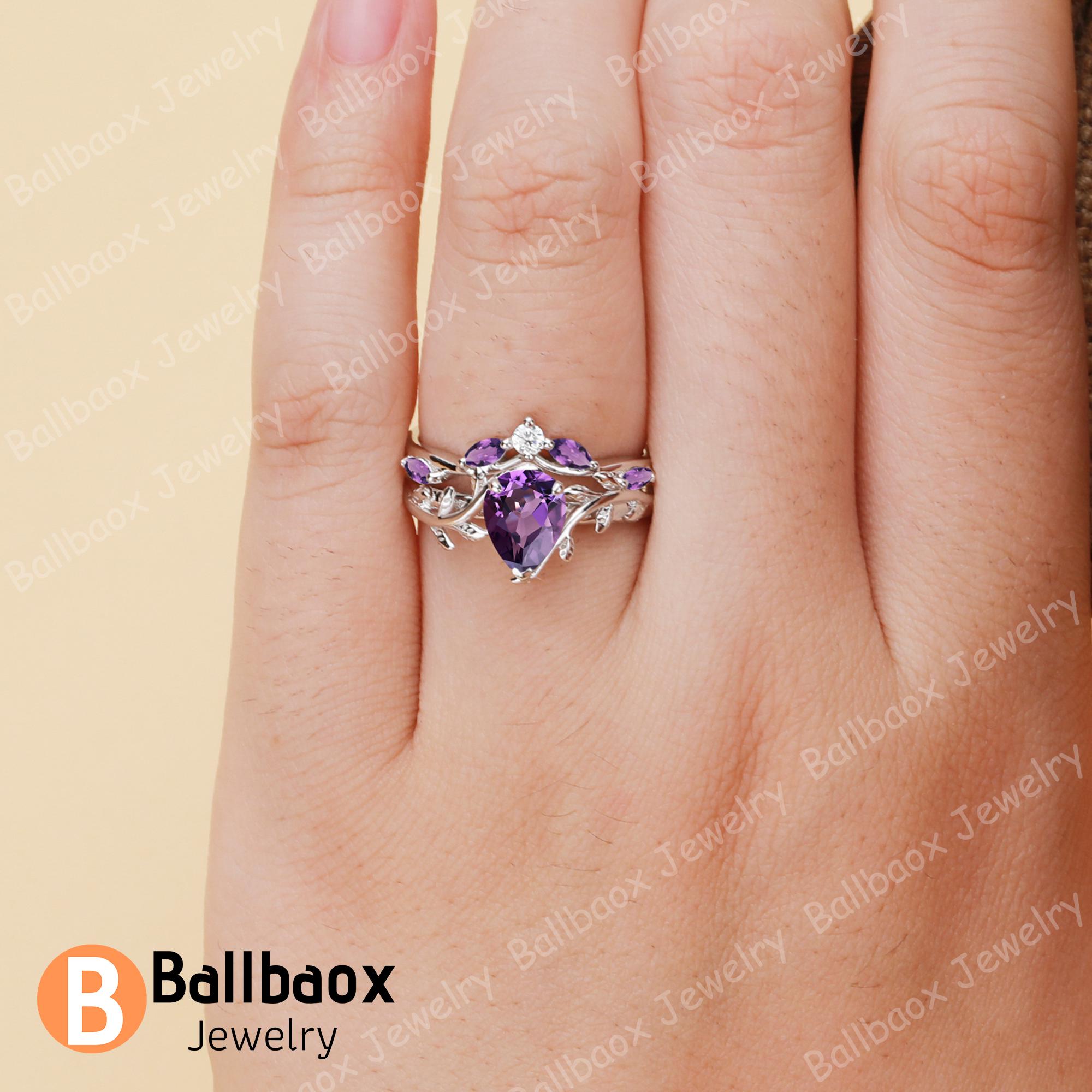 Natural Amethyst Engagement Ring Sets Vintage Solid White Gold Bridal ...
