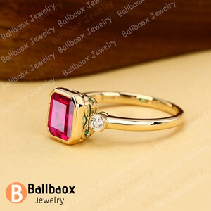 Emerald Cut Red Ruby Engagement Ring 14k Solid Yellow Gold Vintage Red Gemstone Anniversary ...