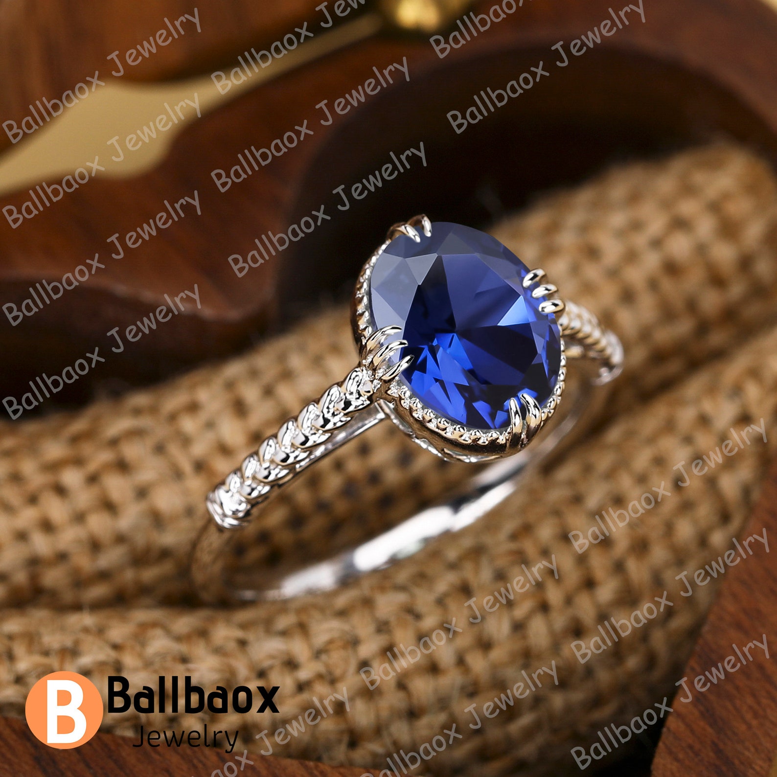 Oval Cut Blue Sapphire Engagement Ring 14K/18K Solid White Gold Promise ...