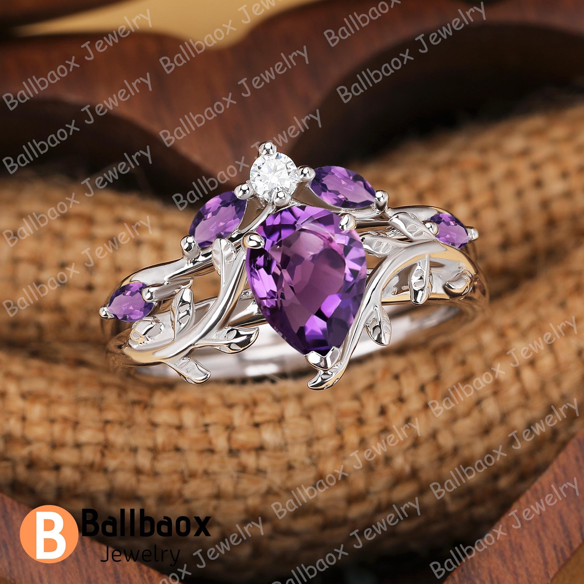 Natural Amethyst Engagement Ring Sets Vintage Solid White Gold Bridal ...