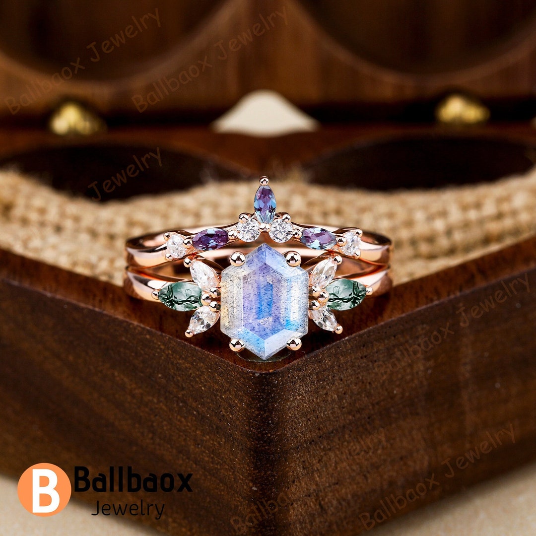 Labradorite Engagement Ring Set Vintage Rose Gold Unique Hexagon Cut ...