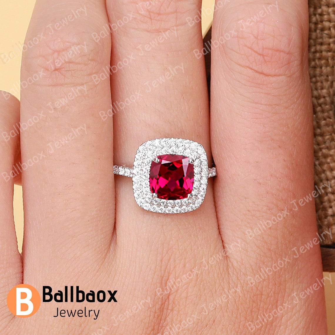 Cushion Cut Lab Red Ruby Engagement Ring Solid 14K White Gold Ring ...