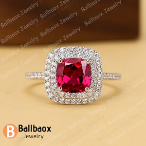 Cushion Cut Lab Red Ruby Engagement Ring Solid 14K White Gold Ring ...