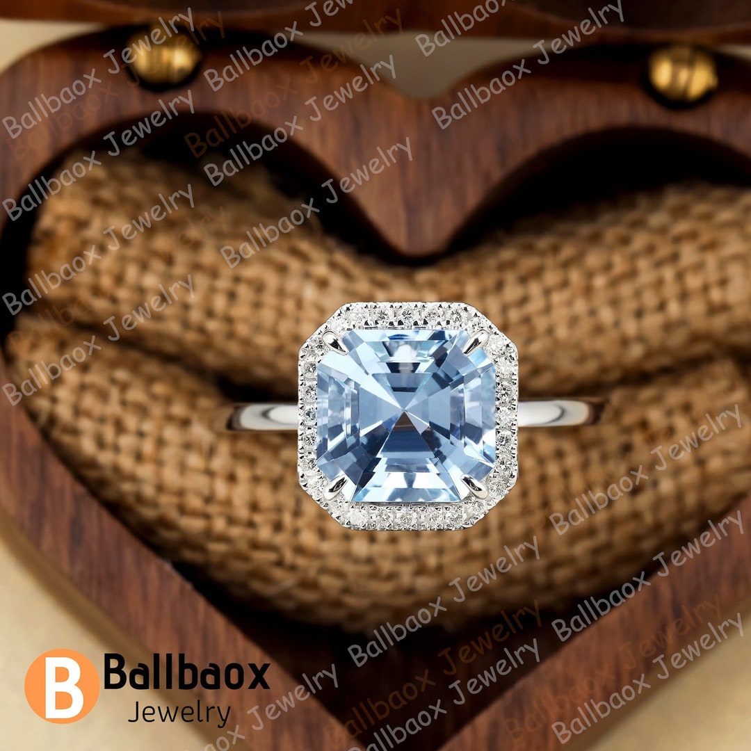 Asscher Cut Natural Aquamarine Engagement Ring Solid 14K White Gold ...