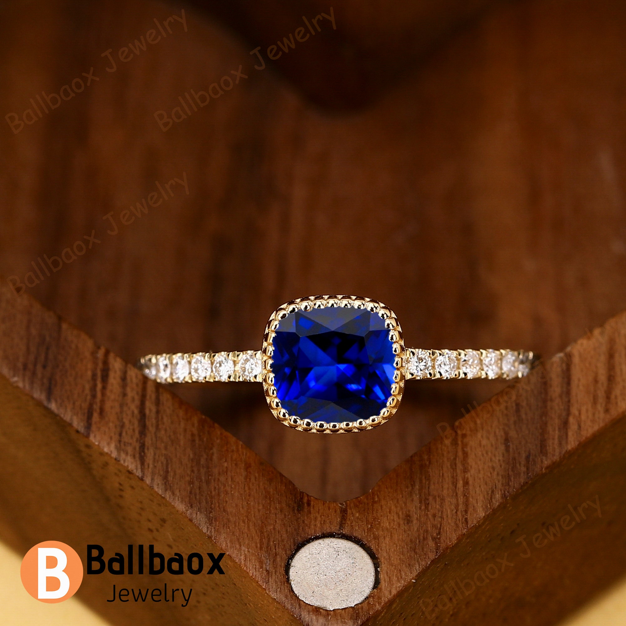 Cushion Cut Lab Blue Sapphire Engagement Ring Solid Gold Art Deco Ring ...