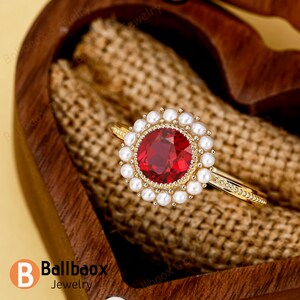 Round Cut Red Ruby Engagement Ring Pearl Ring Unique Solid White Gold ...