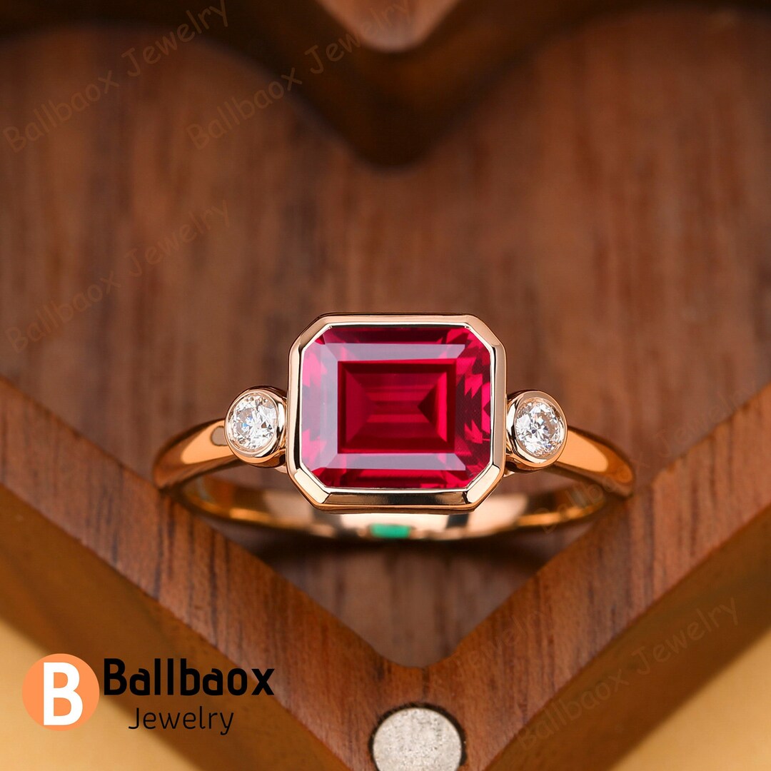 Emerald Cut Red Ruby Rings Vintage Solid 14K Yellow Gold Wedding Ring for Her Gemstone ...