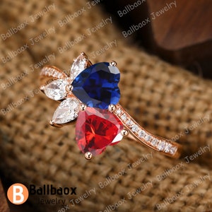 Heart Cut Red Ruby & Blue Sapphire Engagement Ring Unique Two Stones ...