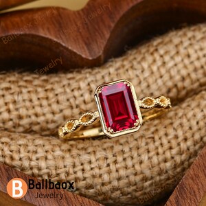 Emerald Cut Lab Red Ruby Rings for Women Vintage Solid 14K Yellow Gold Wedding Ring Art Deco ...