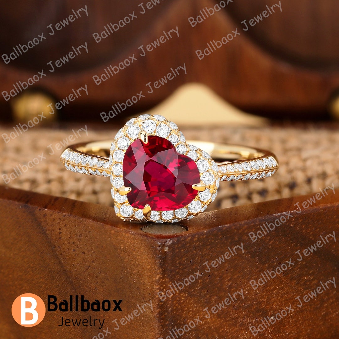 Unique Heart Shape Red Ruby Engagement Ring Solid Yellow Gold Bridal ...