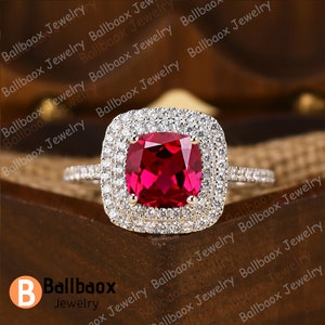 Cushion Cut Lab Red Ruby Engagement Ring Solid 14K White Gold Ring ...