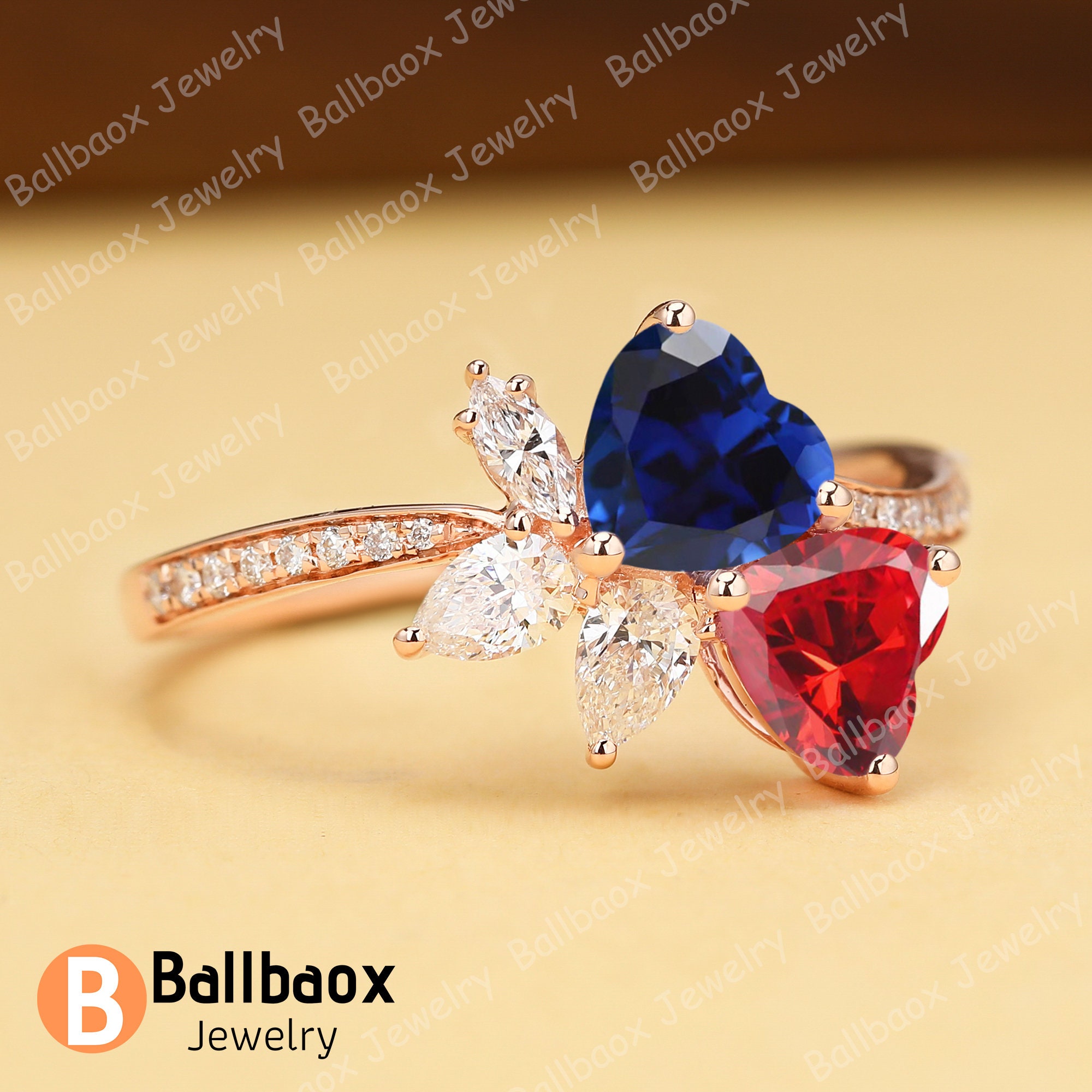 Heart Cut Red Ruby & Blue Sapphire Engagement Ring Unique Two Stones ...
