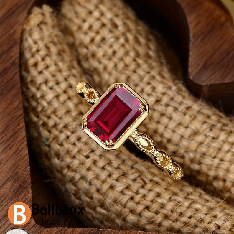 Emerald Cut Lab Red Ruby Rings for Women Vintage Solid 14K Yellow Gold ...