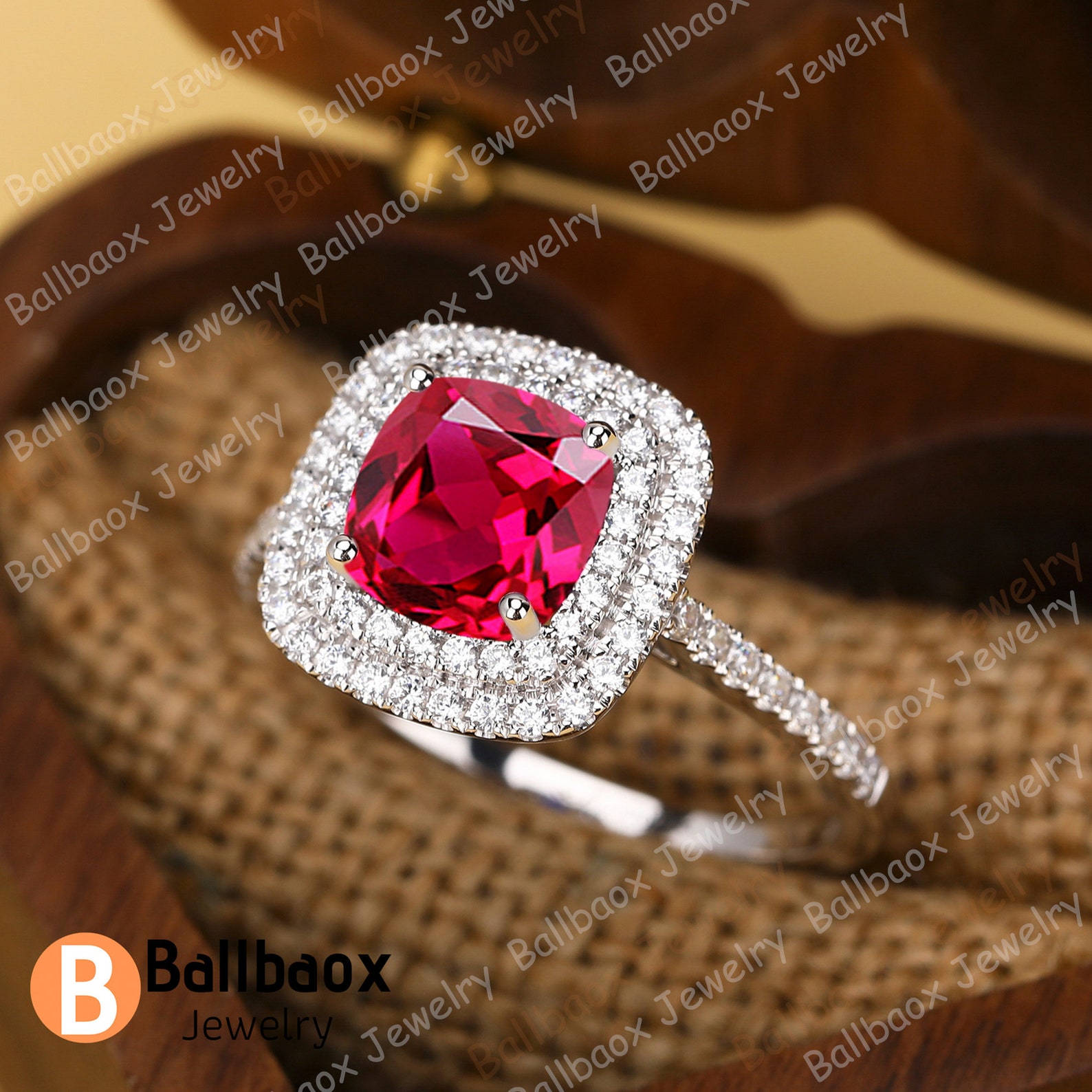 Cushion Cut Lab Red Ruby Engagement Ring Solid 14K White Gold Ring ...