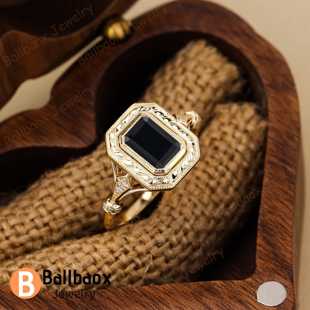 14K Solid Yellow Gold Black Onyx Engagement Rings for Women Art Deco Bridal Ring Vintage ...