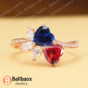 Heart Cut Red Ruby & Blue Sapphire Engagement Ring Unique Two Stones ...