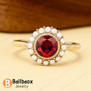 Round Cut Red Ruby Engagement Ring Pearl Ring Unique Solid White Gold ...
