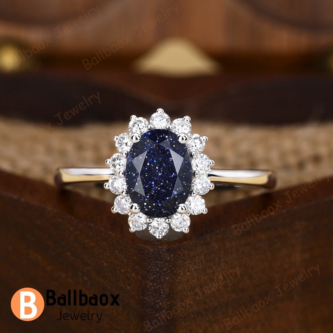 Vintage Blue Sandstone Gold Engagement Ring Oval Shape Galaxy Starry Sky Ring Moissanite Halo ...