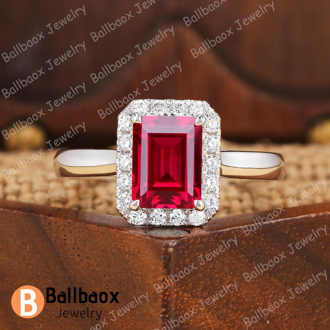 Emerald Cut Red Ruby Engagement Ring Red Gemstone Bridal Ring Unique ...