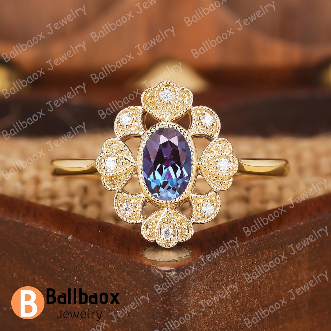 Unique Change Color Stone Gemstone Ring Oval Cut Alexandrite Engagement ...