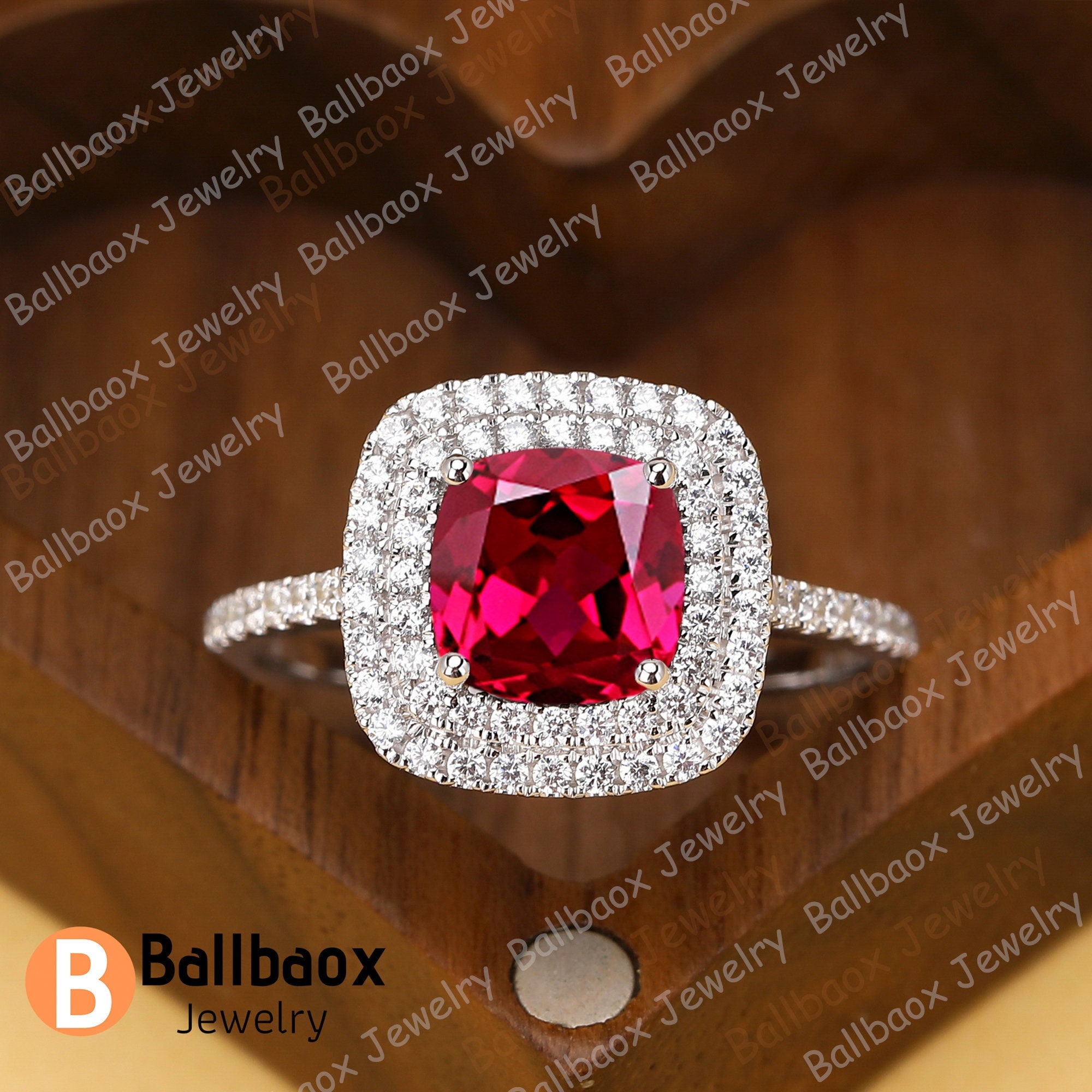 Cushion Cut Lab Red Ruby Engagement Ring Solid 14K White Gold Ring ...