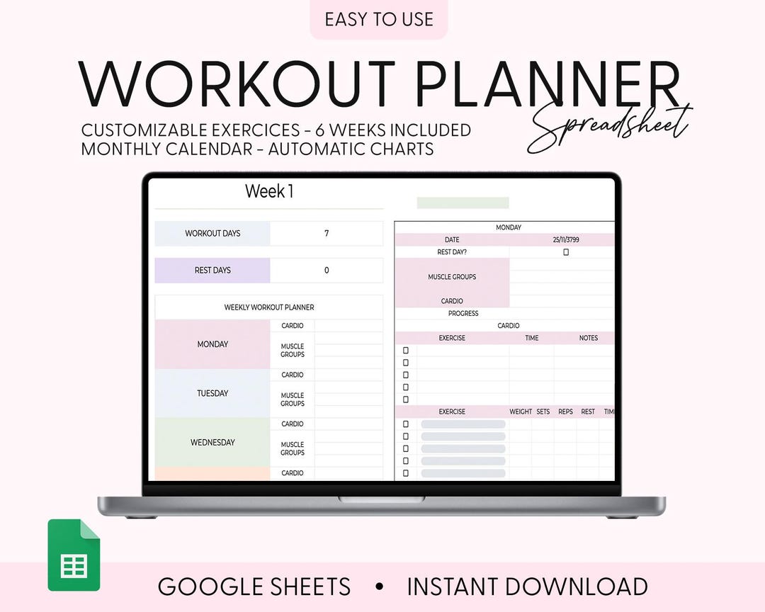 Workout Planner Google Sheets, Exercise Tracker Spreadsheet, Fitness ...