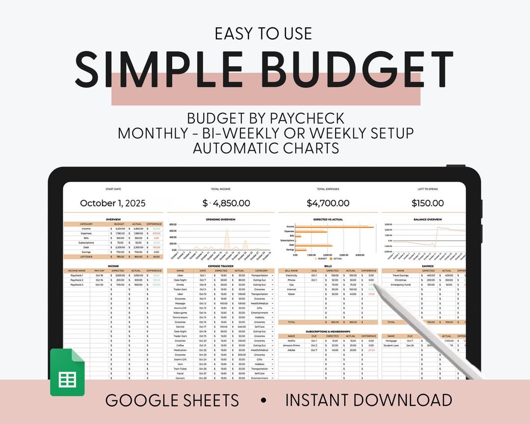 Simple Budget Planner for Google Sheets, Monthly Budget Spreadsheet ...