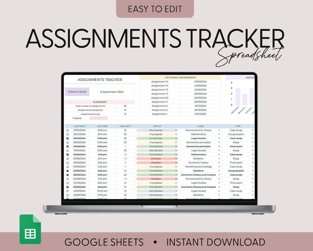 Student Planner & Assignment Tracker Google Sheets Excel College ...