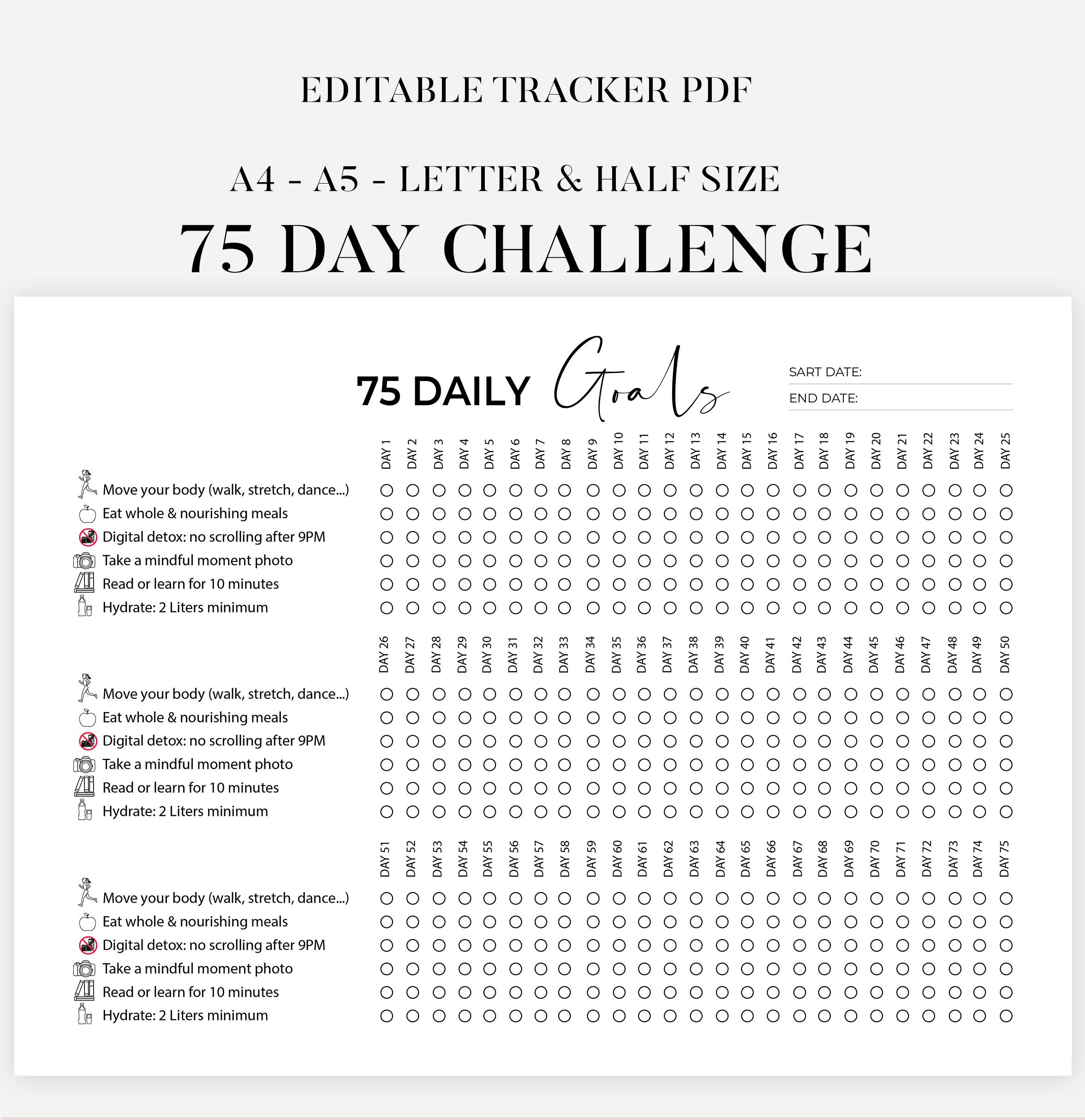 75 Day Challenge Tracker Printable | Landscape A4 & US Letter Sizes ...